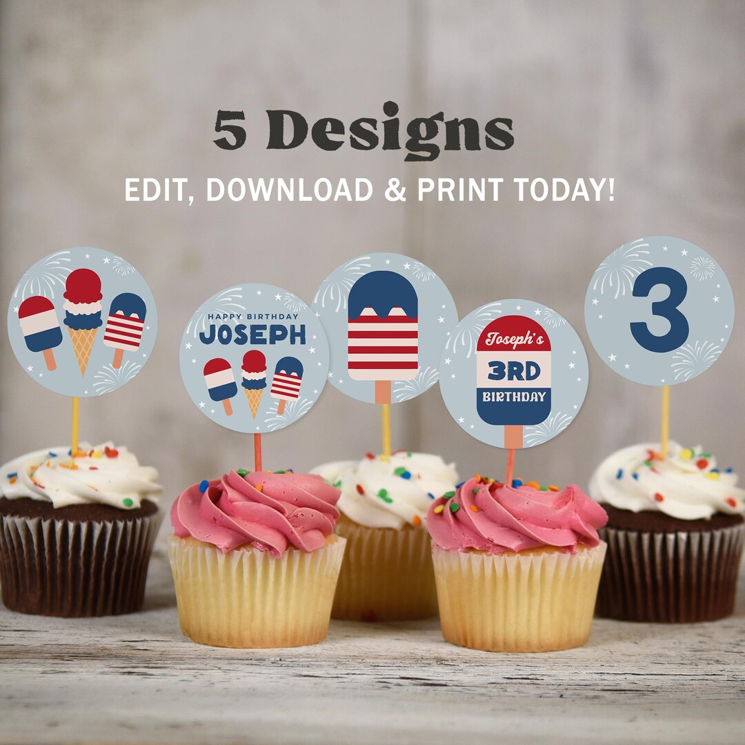 Popsicle Birthday Cupcake Toppers, 4th of July Party Stickers, Boy ...