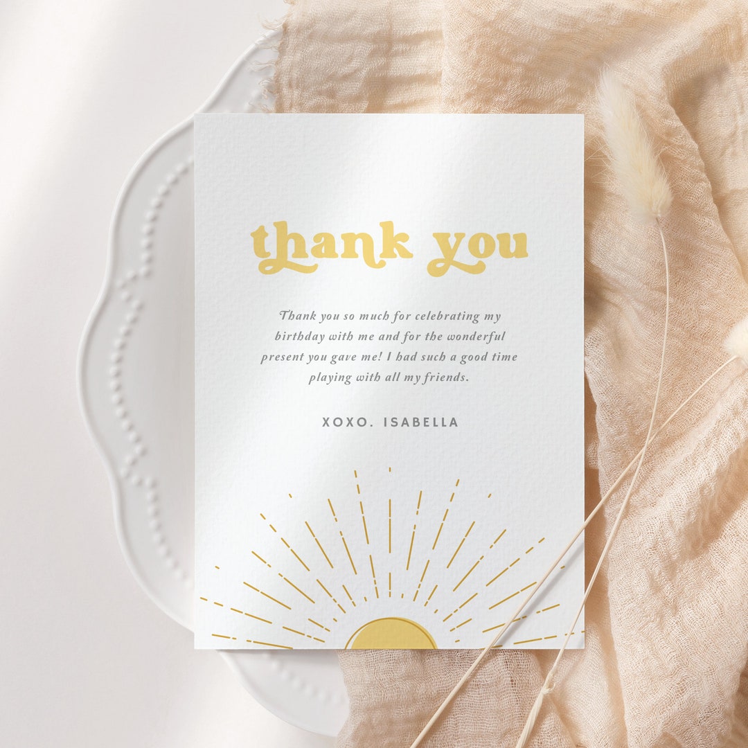 Editable Boho Sunshine Birthday Thank You Card, First Trip Around the ...