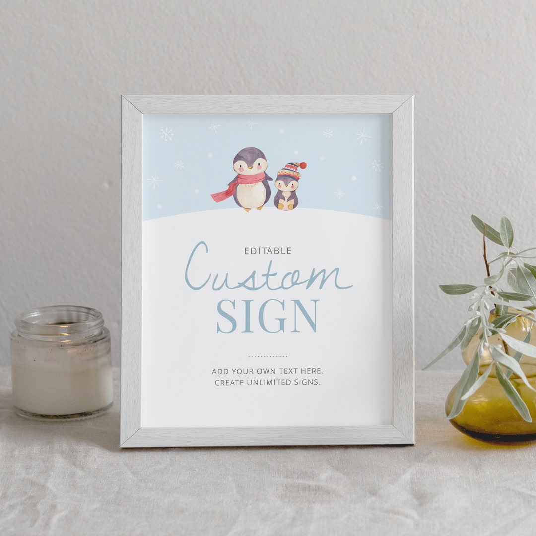 Editable Penguin Birthday Custom Sign, Christmas Party Table Sign ...