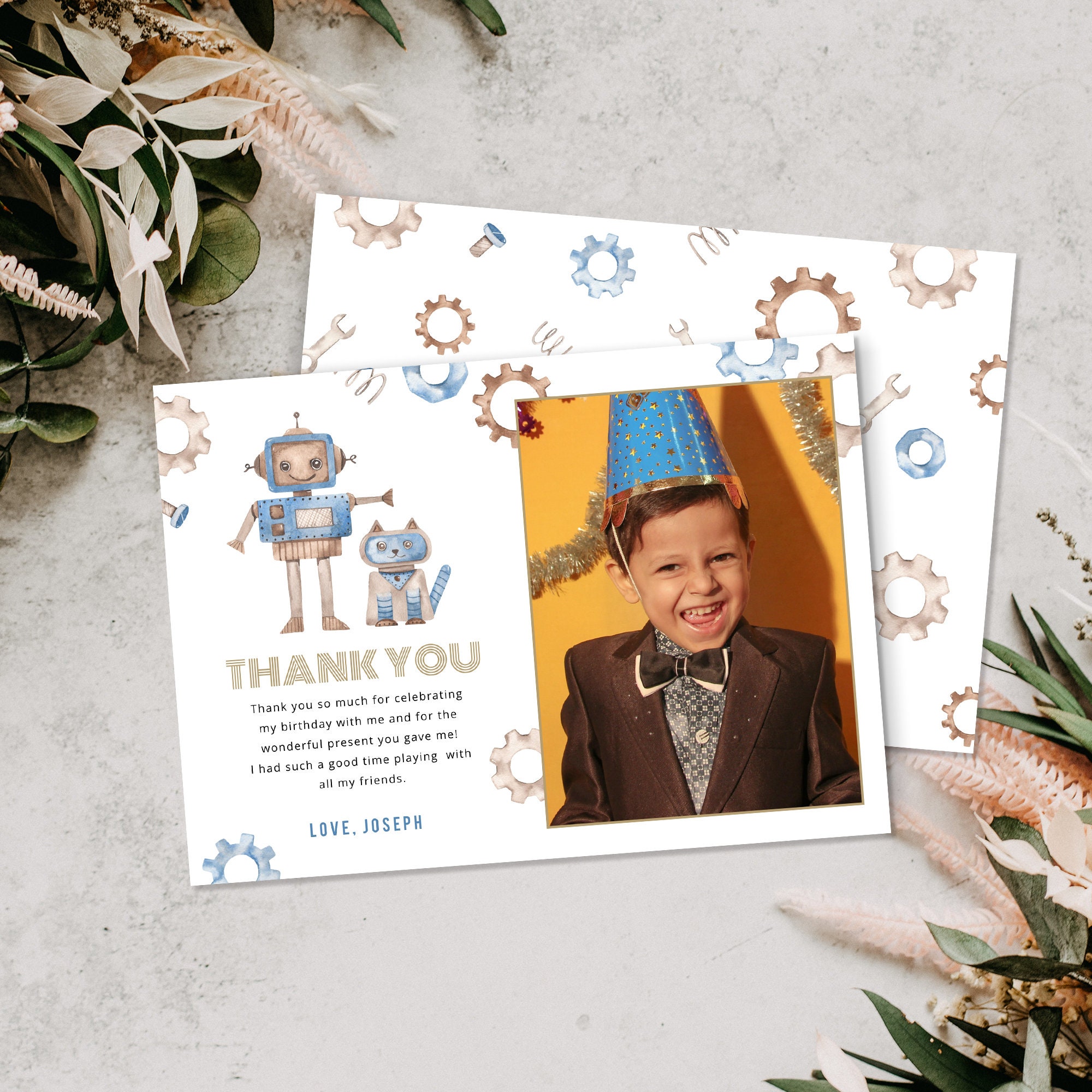 Editable Robot Birthday Thank You Card, Robot Thank You Note With Photo ...