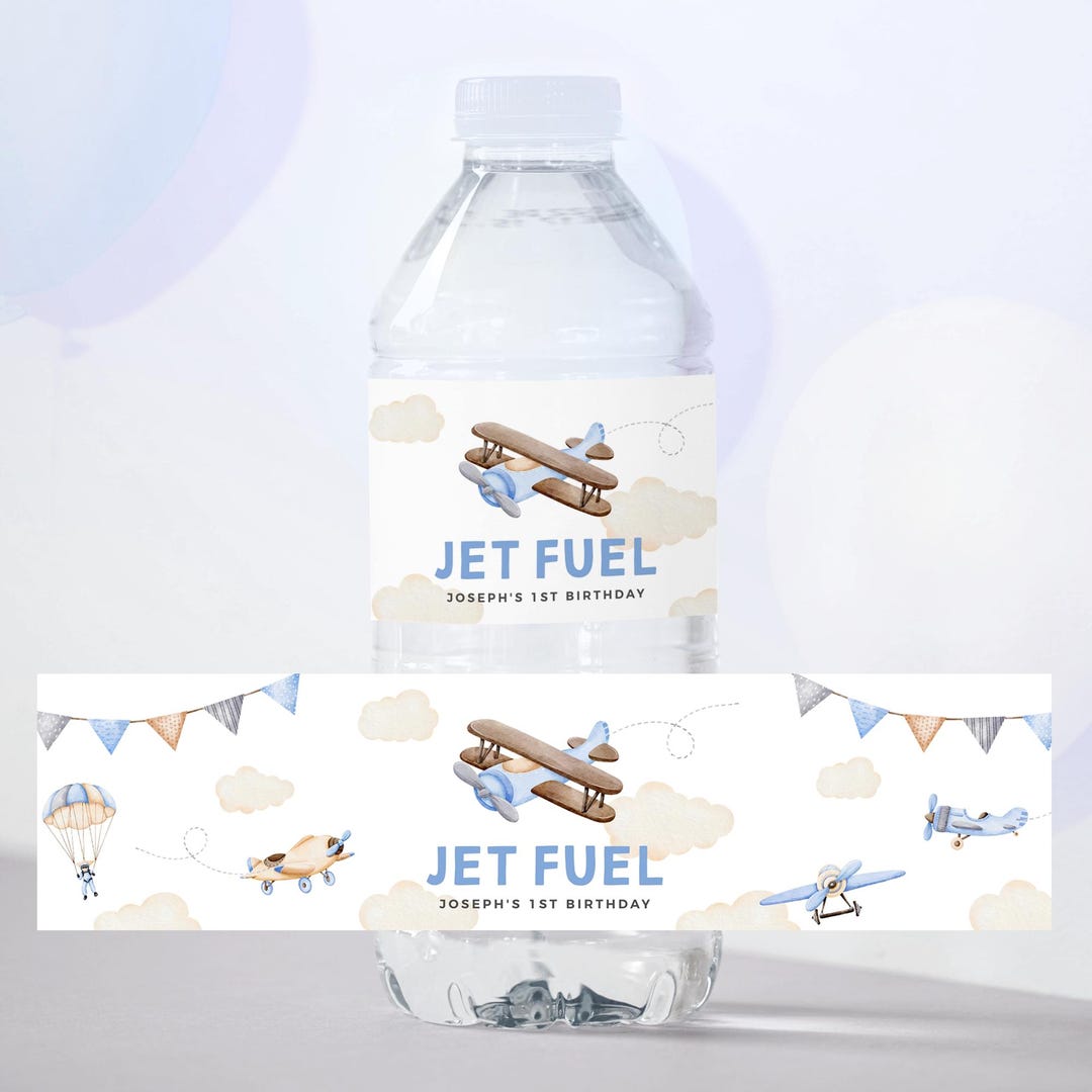 Airplane Birthday Water Bottle Label, Pilot Party Bottle Wrap, Airplane ...