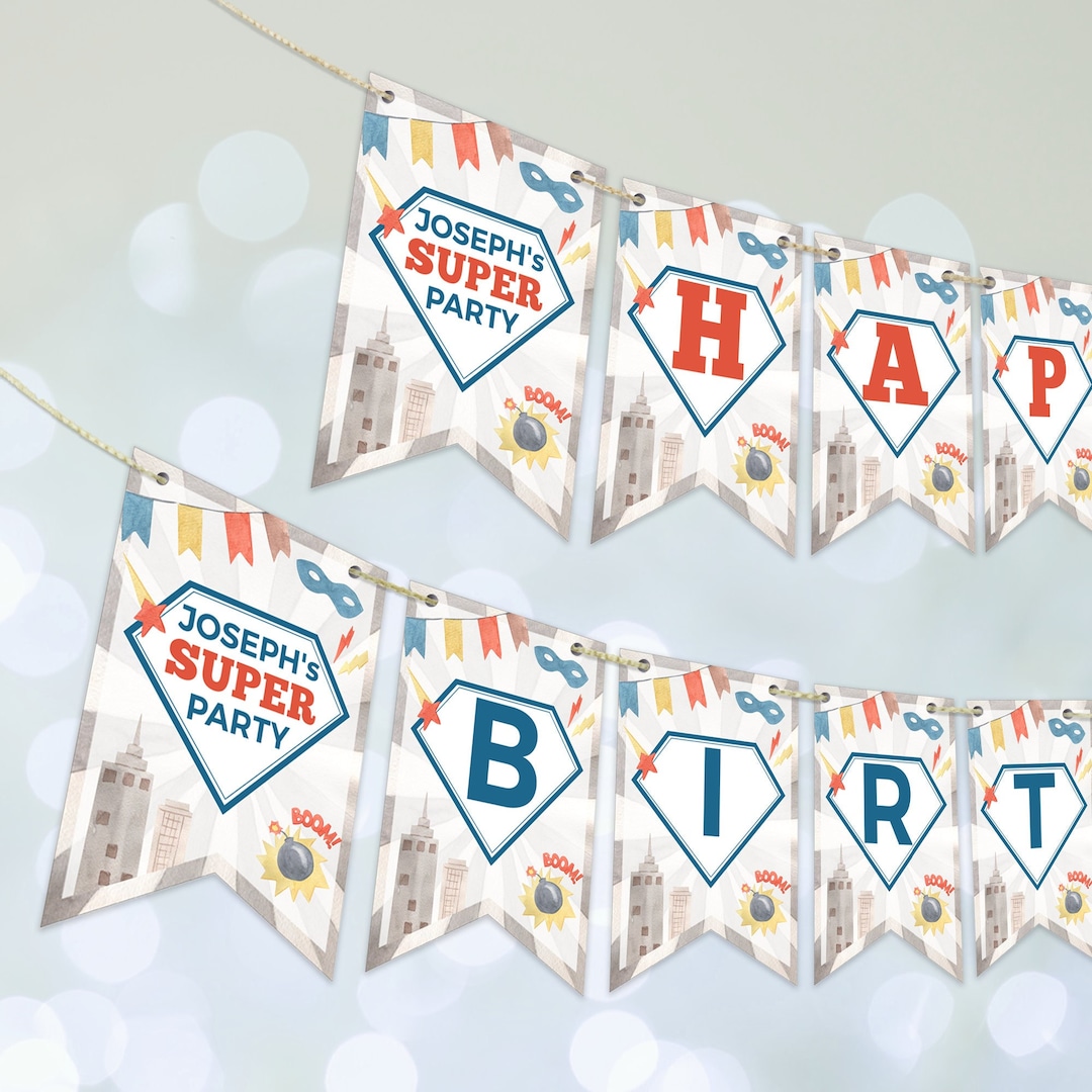 Editable Superhero Happy Birthday Banner, Superhero Party Bunting ...