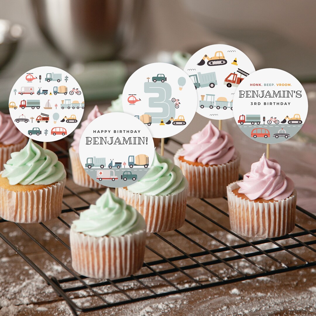 Editable Transportation Birthday Cupcake Toppers, Modern Transportation ...