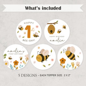 Bee Birthday Cupcake Toppers, Bumble Bee Party Stickers, Boho Girl ...