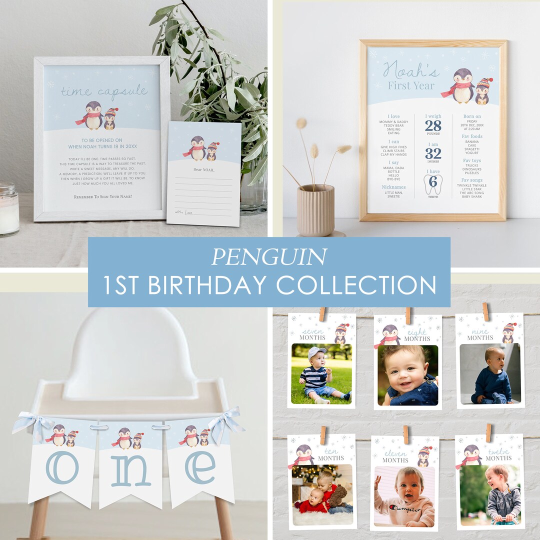 Editable Penguin 1st Birthday Bundle, Christmas Party Collection ...