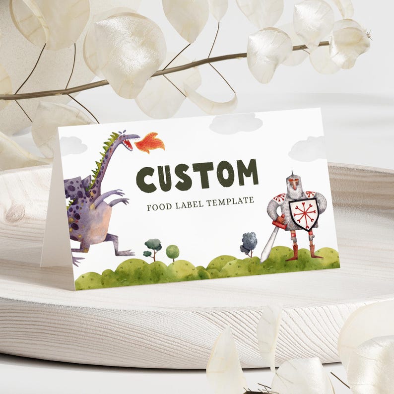 Dragon Birthday Food Label, Dragon and Knight Party Folded Place Card ...