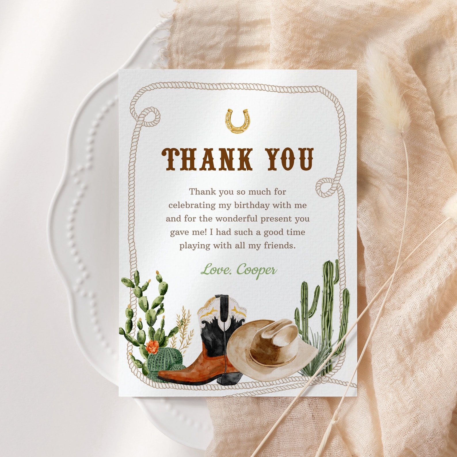Editable Cowboy Birthday Thank You Card, Wild West Party Thank You Note ...