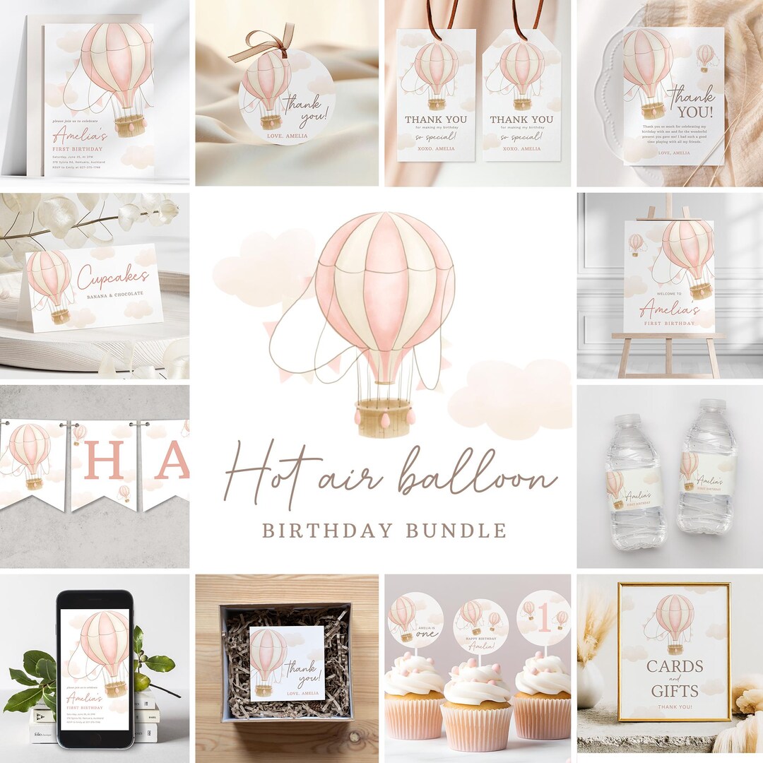 Pink Hot Air Balloon Birthday Bundle, Modern Hot Air Balloon Collection ...