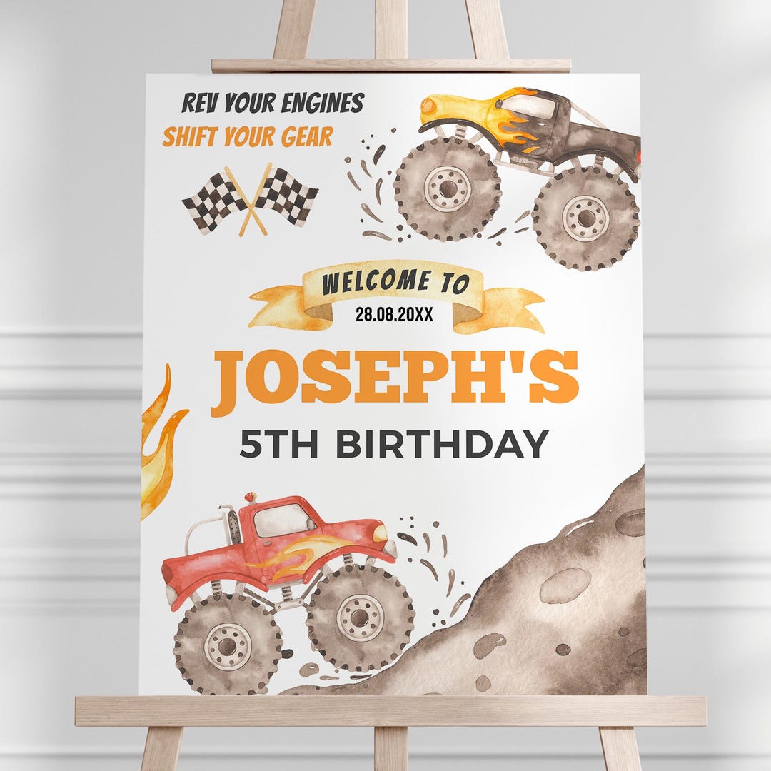 Editable Monster Truck Birthday Welcome Sign, Truck Party Welcome Board ...