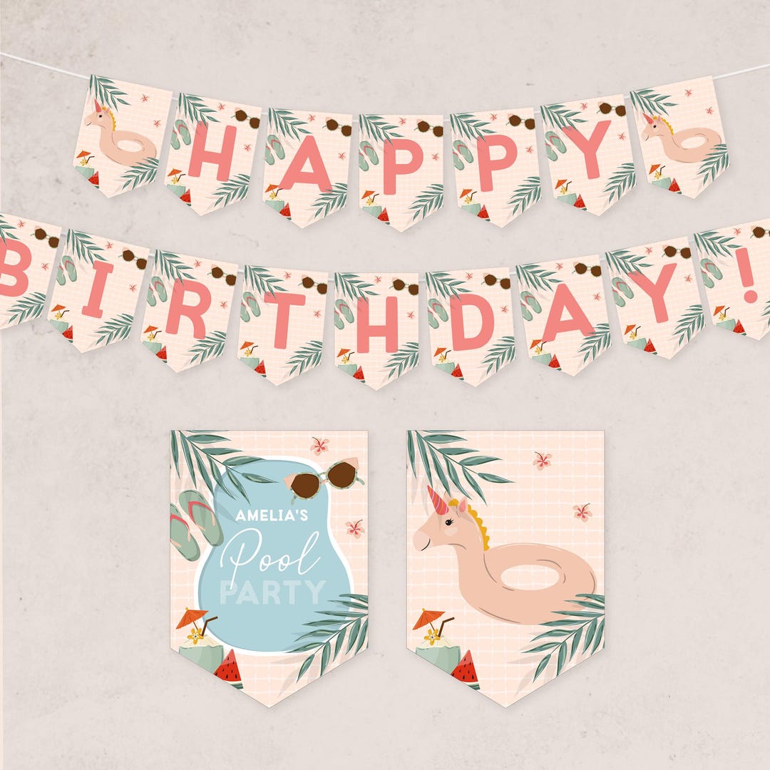Pool Party Happy Birthday Banner, Swimming Party Bunting Banner, Summer ...