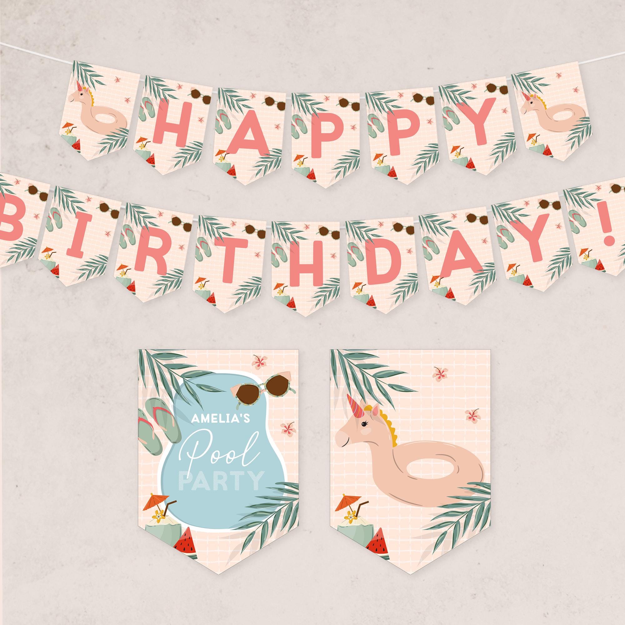 Pool Party Happy Birthday Banner, Swimming Party Bunting Banner, Summer ...