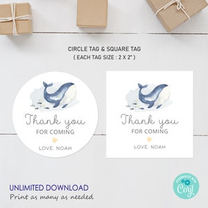 Editable Whale Birthday Favor Tags, Ocean Party Thank You Notes, Under ...