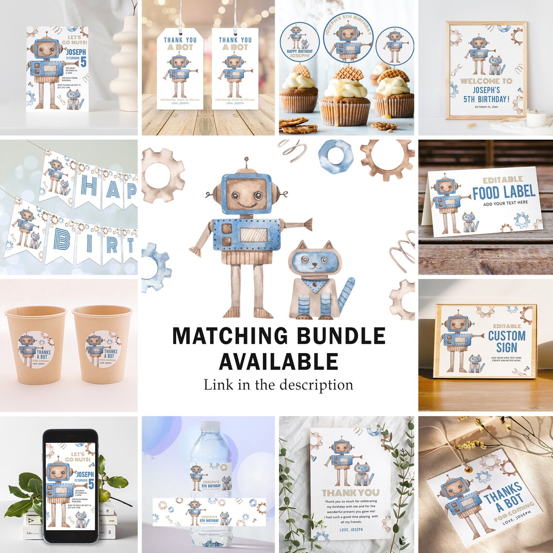 Editable Robot Favor Tags, Robot Birthday Gift Tags, Birthday Sticker ...