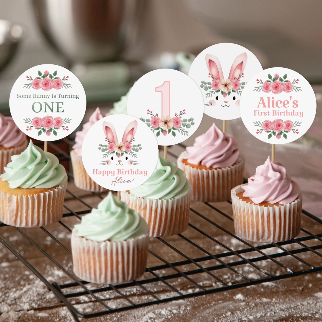 Editable Bunny Birthday Cupcake Toppers, Pink Rabbit Stickers, Girl ...