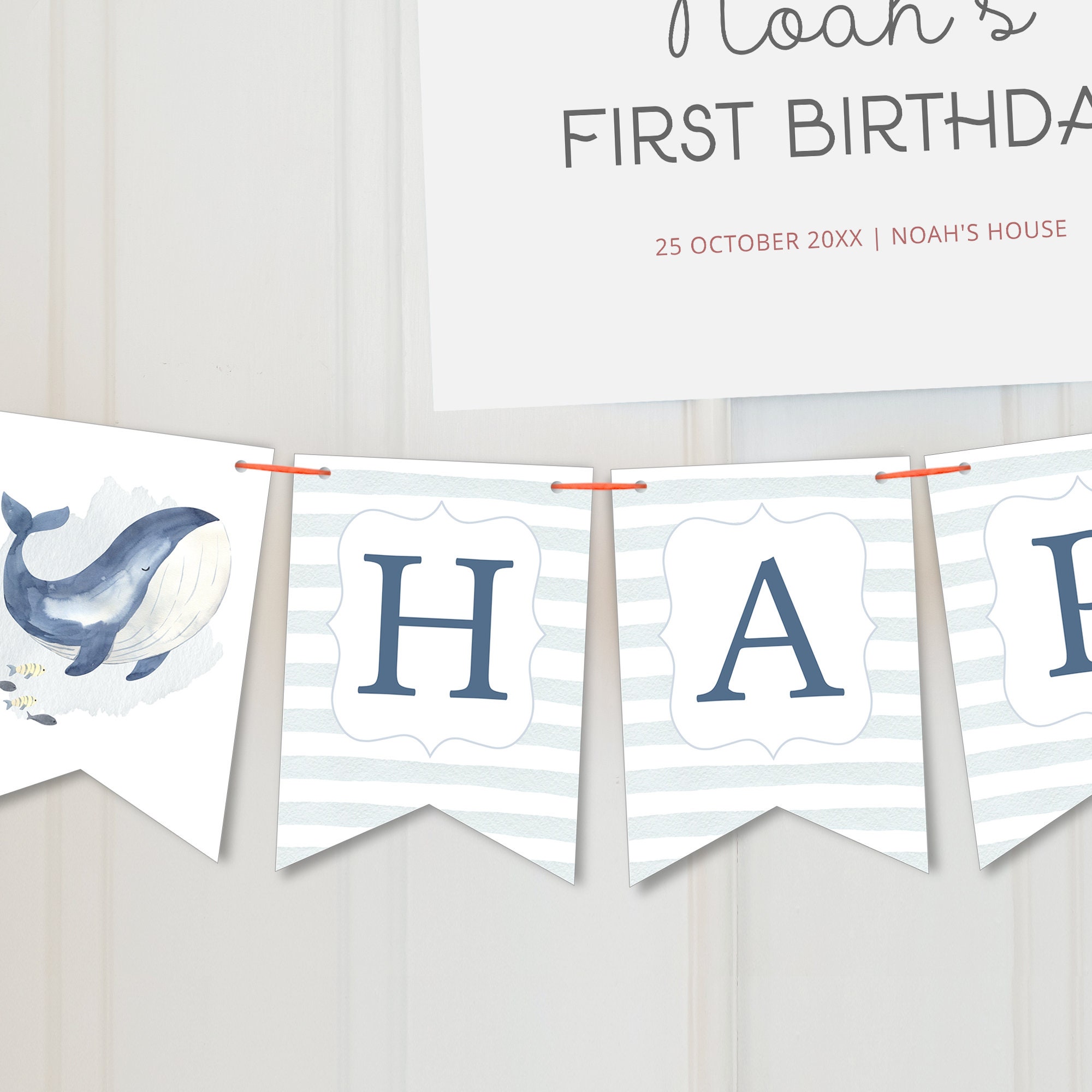 Editable Whale Happy Birthday Banner, Ocean Party Bunting Banner, Under ...