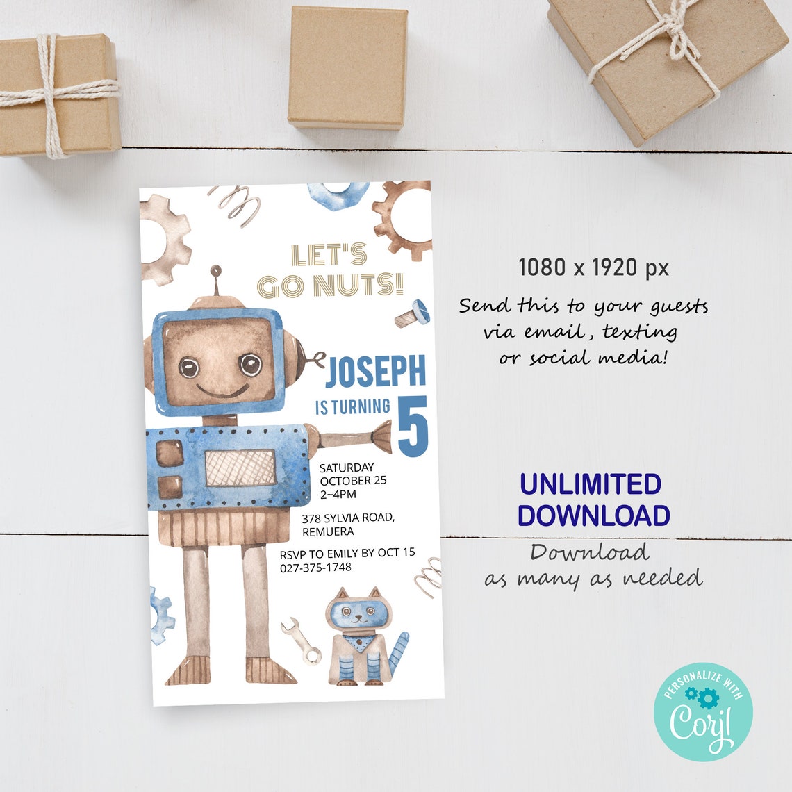 Editable Robot Birthday E-invitation Robot Digital Invitation - Etsy