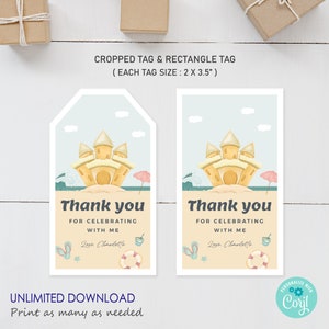 Editable Beach Birthday Favor Tags, Beach Party Thank You Notes, Sand ...