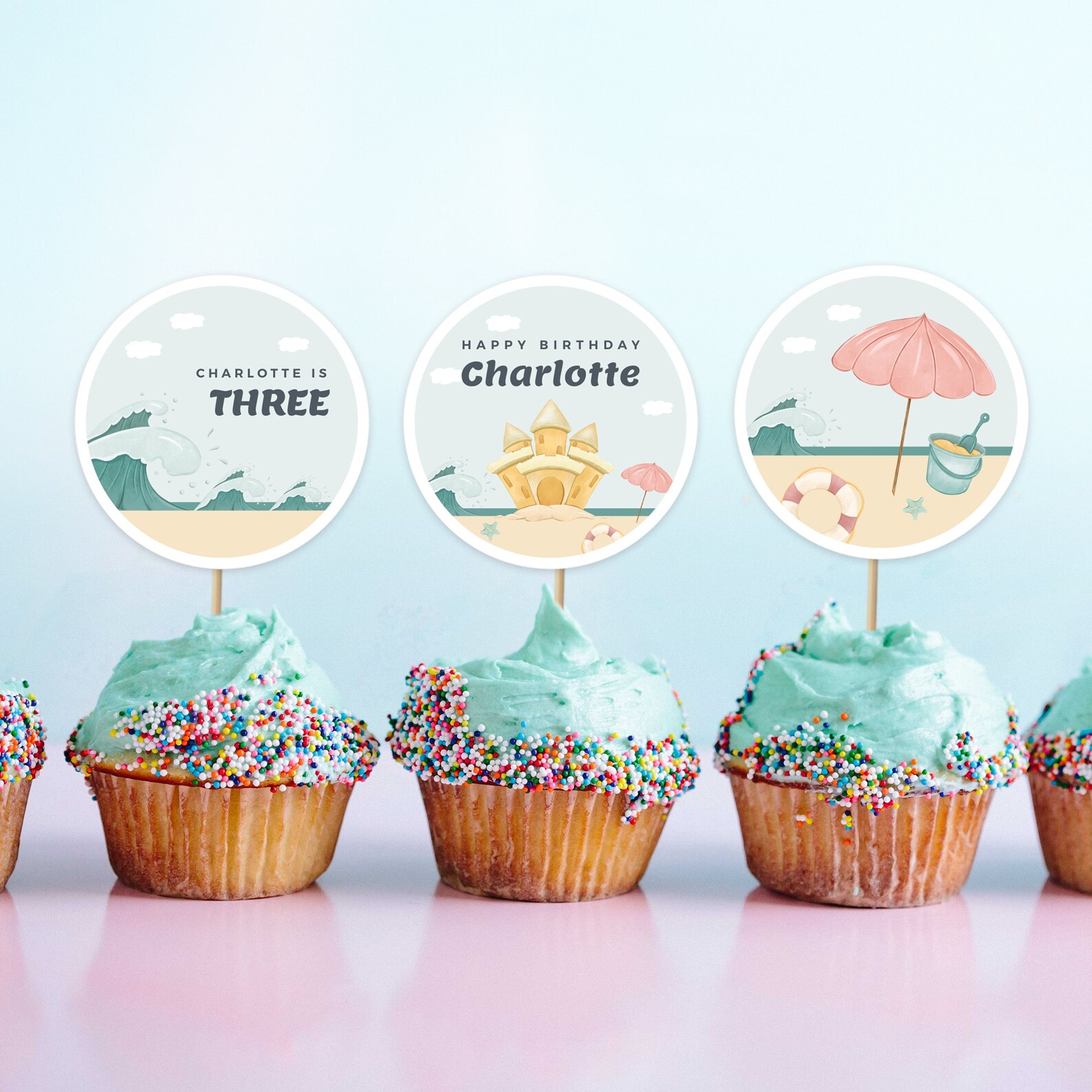 Editable Beach Birthday Cupcake Toppers, Summer Birthday Cupcake ...