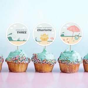 Editable Beach Birthday Cupcake Toppers, Summer Birthday Cupcake ...