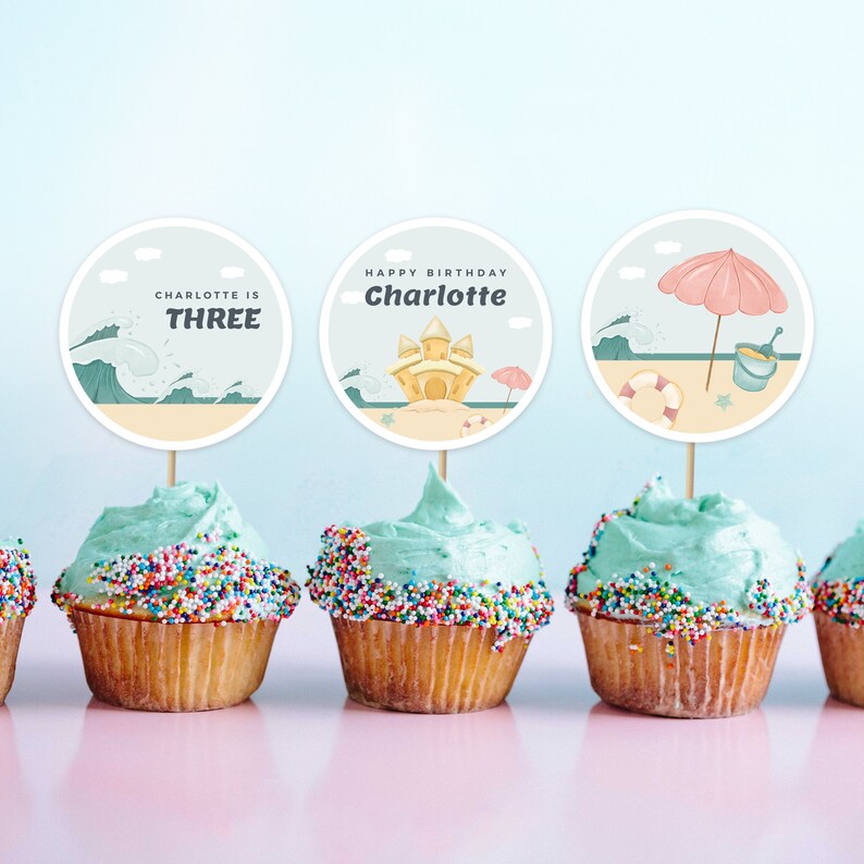 Editable Beach Birthday Cupcake Toppers, Summer Birthday Cupcake ...