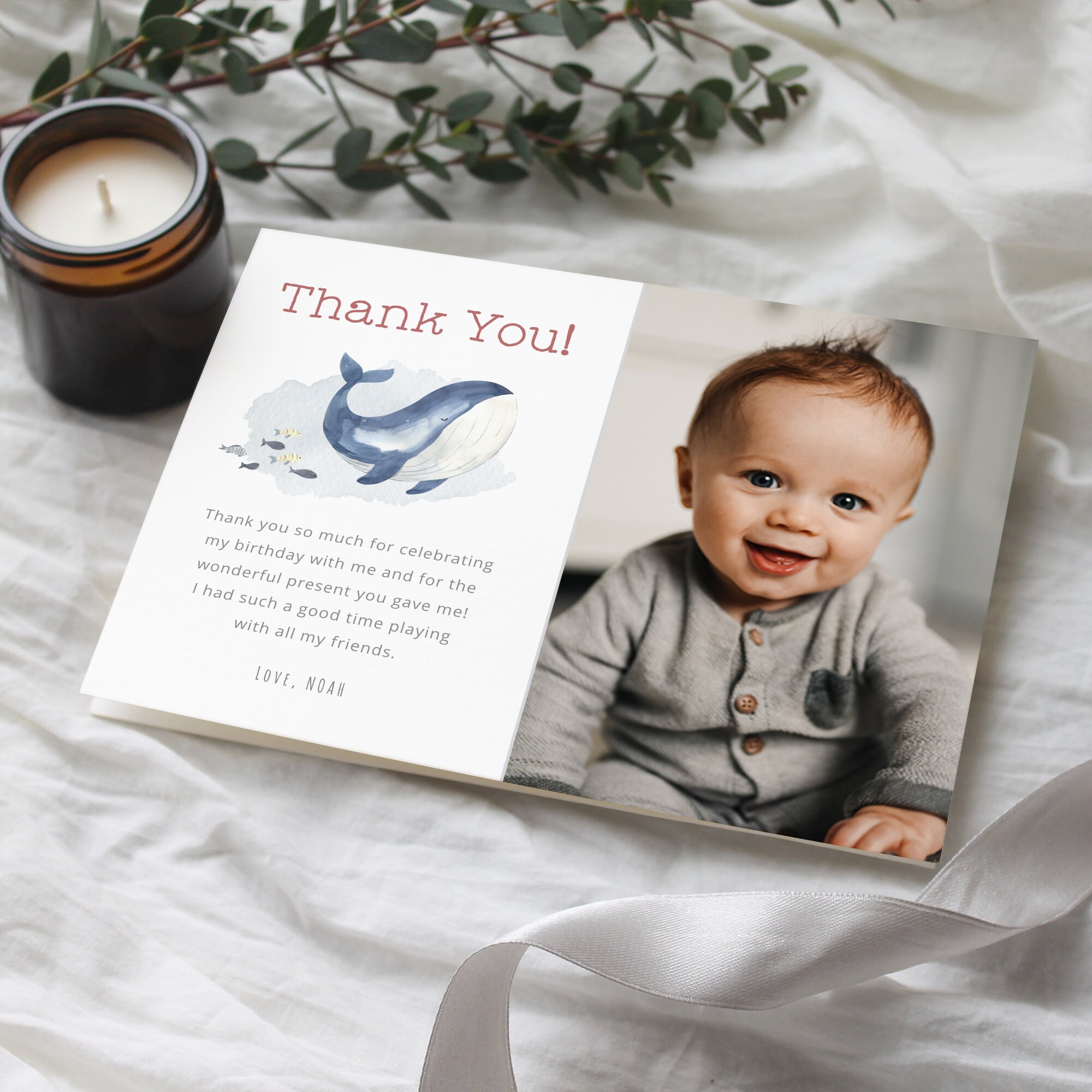 Editable Whale Birthday Thank You Card, Ocean Thank You Note, Under the ...