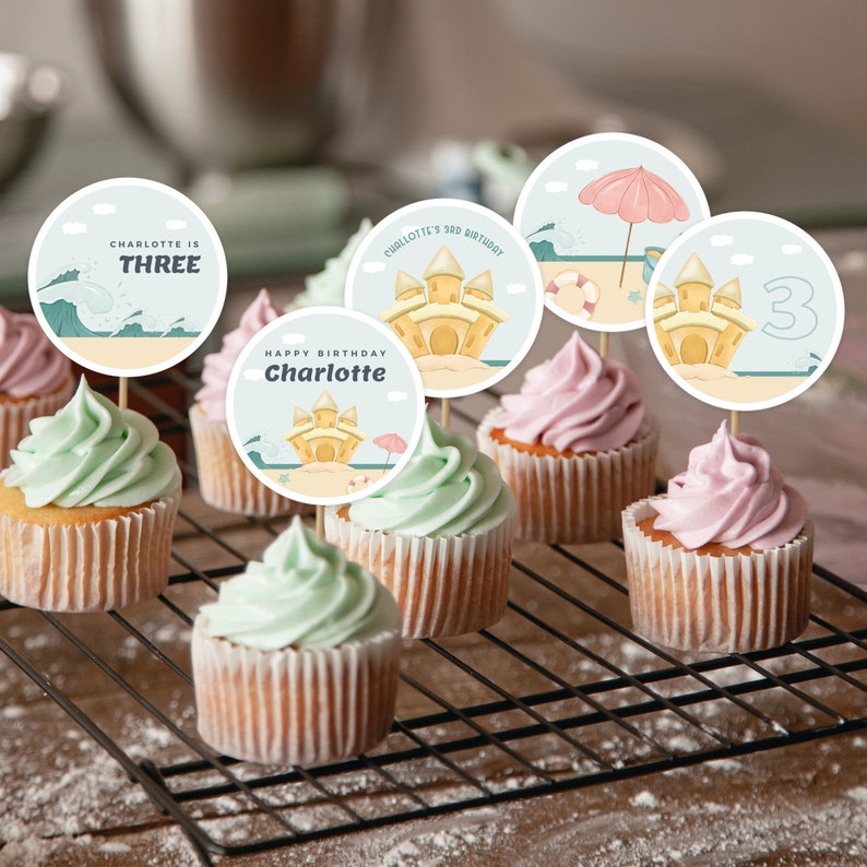 Editable Beach Birthday Cupcake Toppers, Summer Birthday Cupcake ...