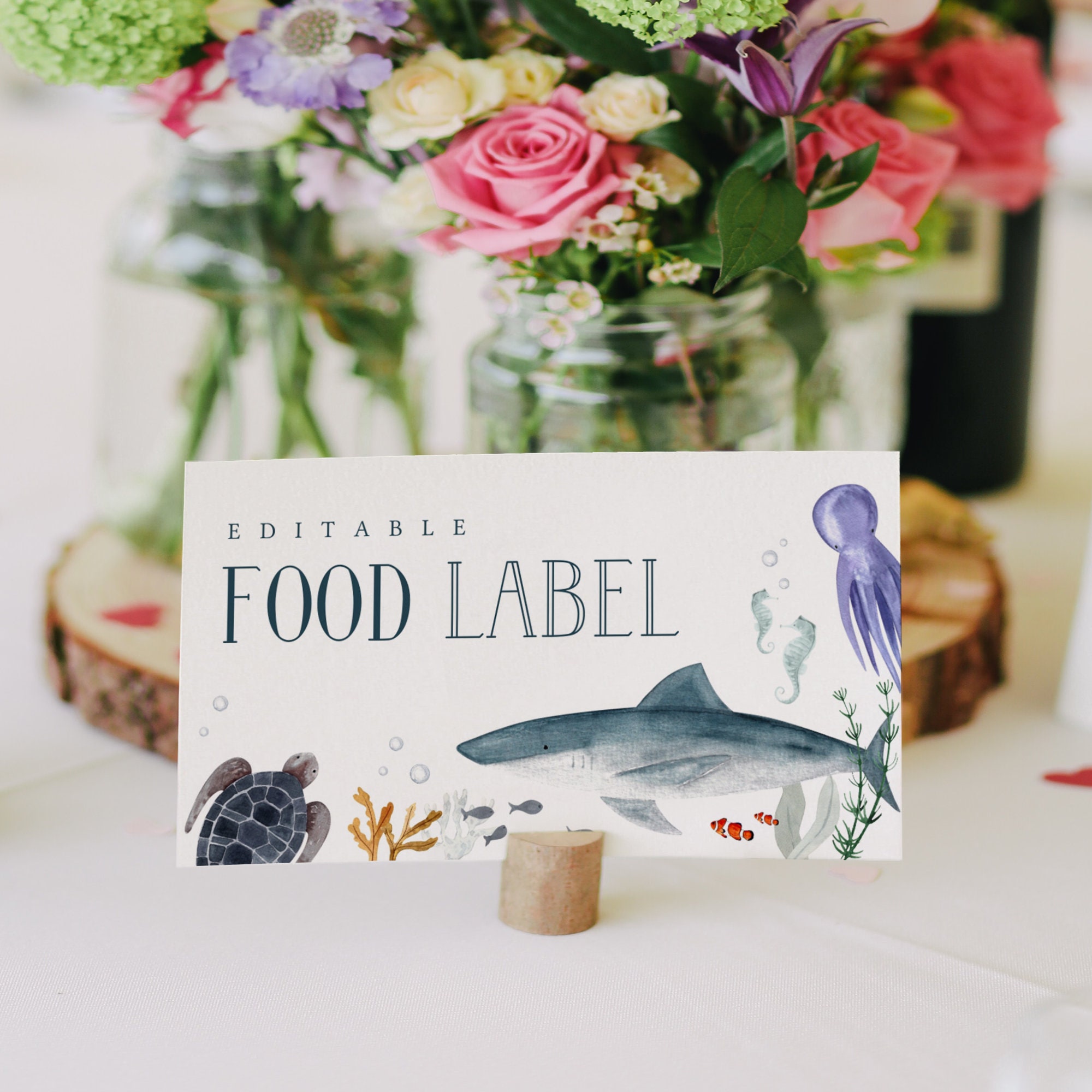 Editable Under the Sea Birthday Food Label, Sea Animals Folded Table ...