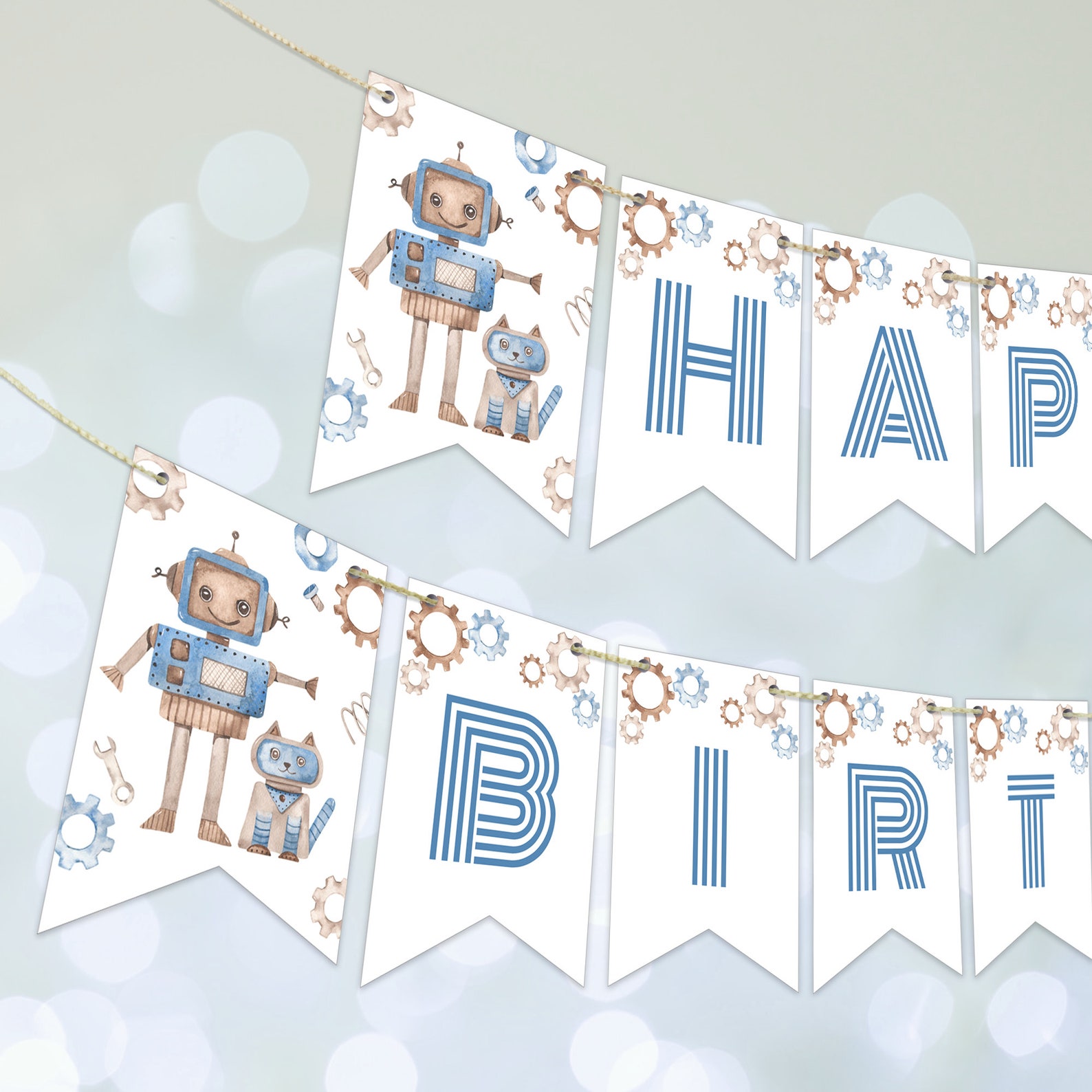 Editable Robot Birthday Banner, Robot Happy Birthday Bunting Banner ...