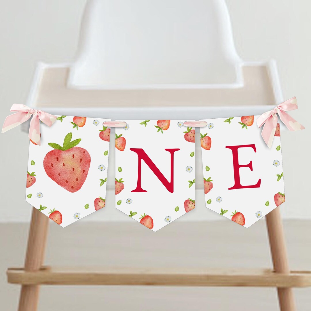 Strawberry ONE High Chair Banner : Berry First Birthday, Editable ...