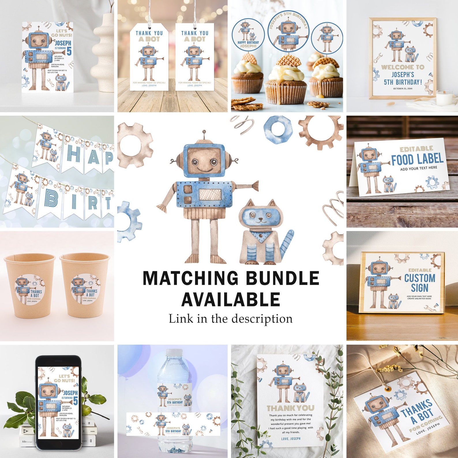 Editable Robot Birthday Banner, Robot Happy Birthday Bunting Banner ...