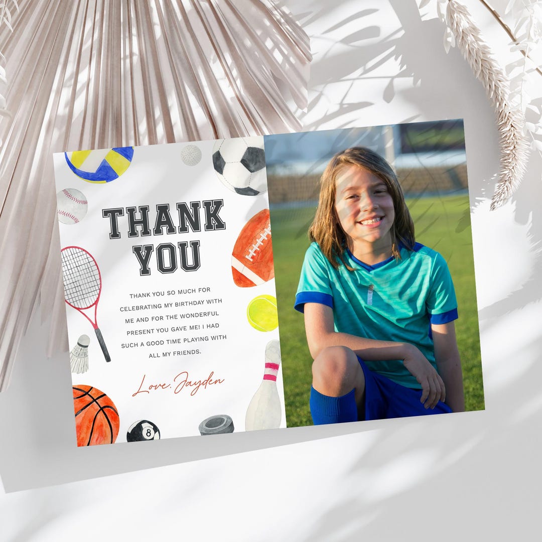 Sports Theme Birthday Photo Thank You Card, Sports Party Thank You Note ...