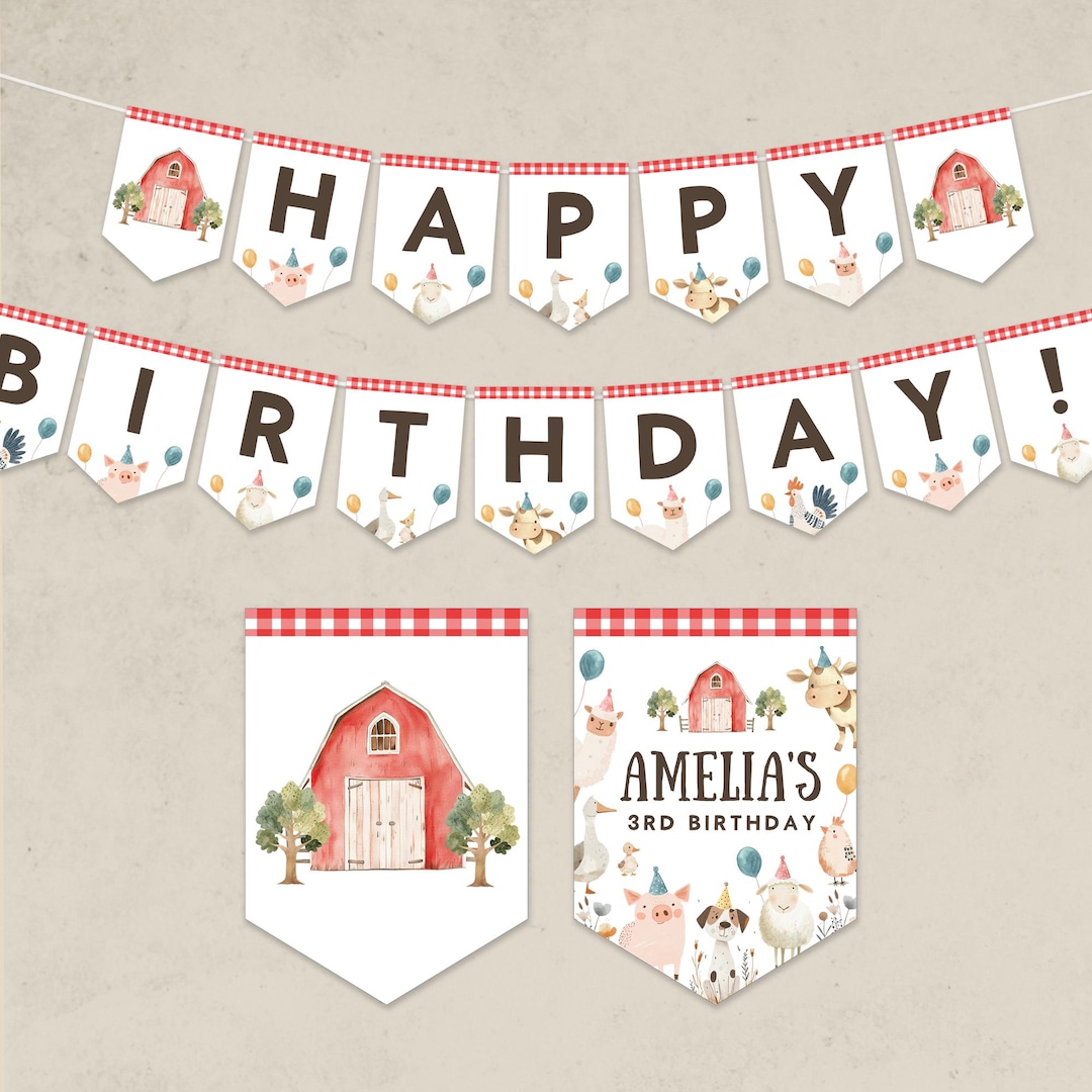 Farm Happy Birthday Banner, Barnyard Party Bunting Banner, Cute Farm ...