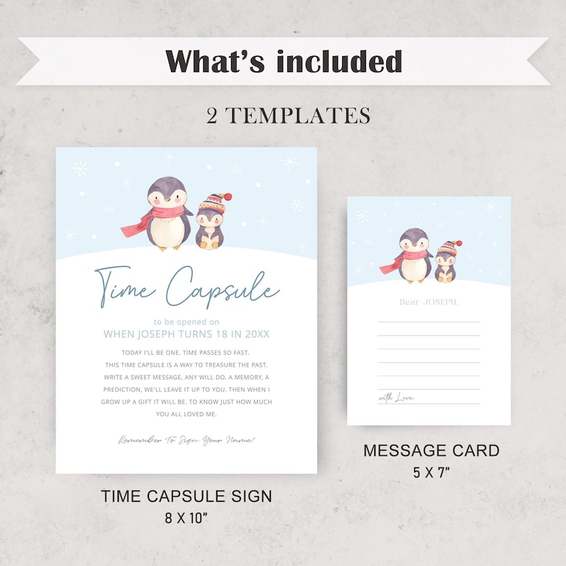 Editable Penguin First Birthday Time Capsule Sign, Penguin Message ...