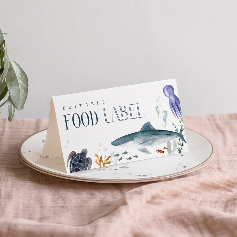 Editable Under the Sea Birthday Food Label, Sea Animals Folded Table ...
