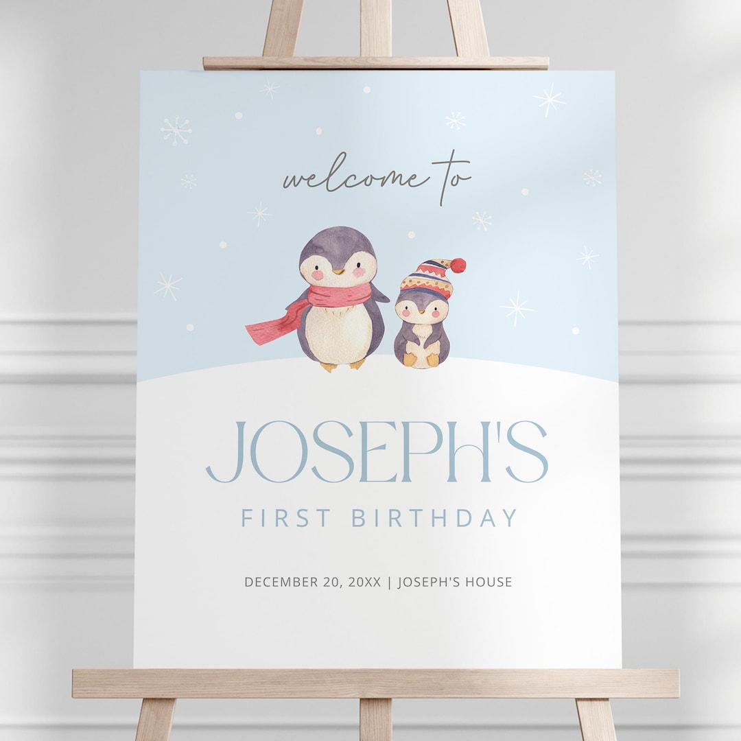 Editable Penguin Birthday Welcome Sign, Christmas Welcome Sign, Winter ...