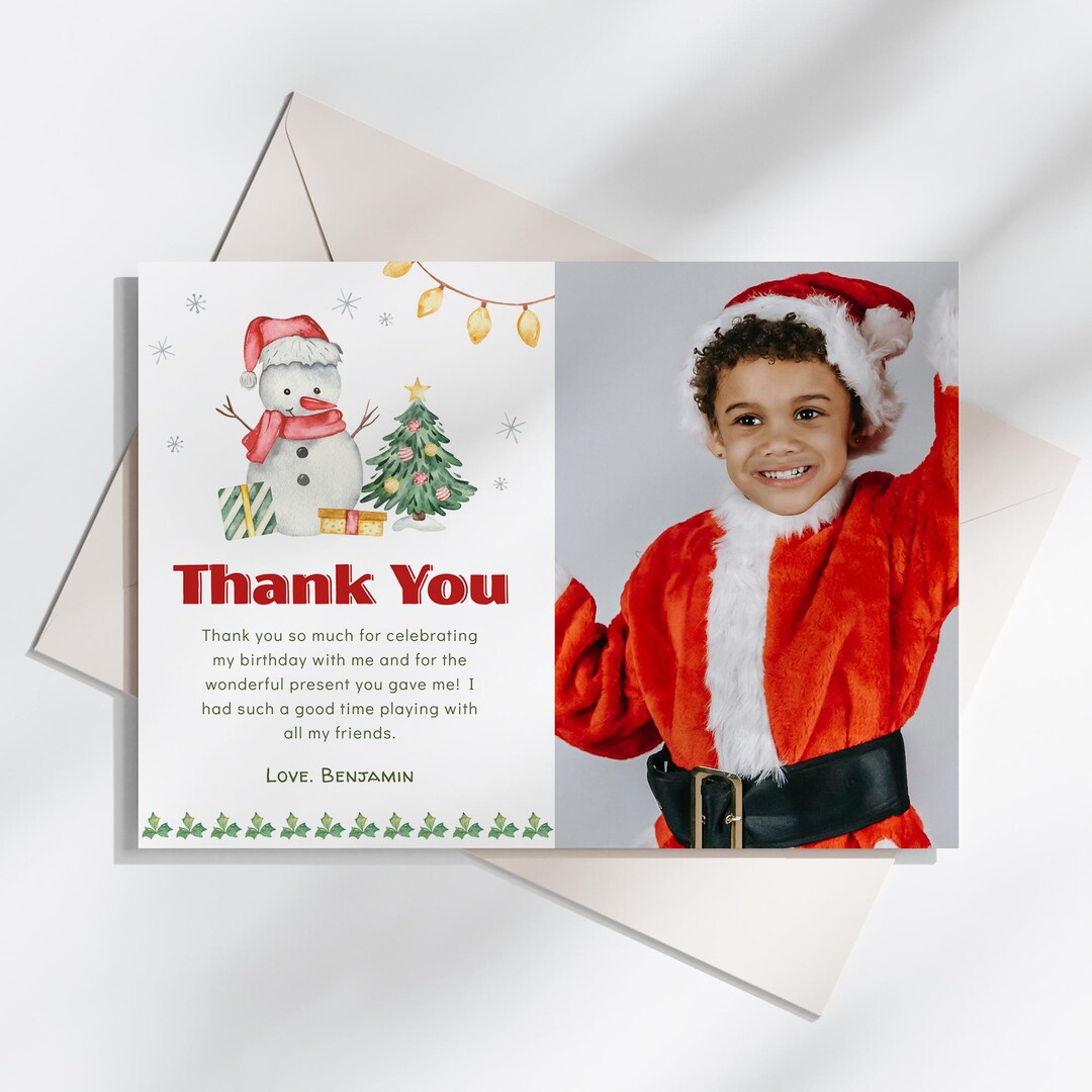 Editable Snowman Birthday Thank You Card With Photo, Christmas Thank ...
