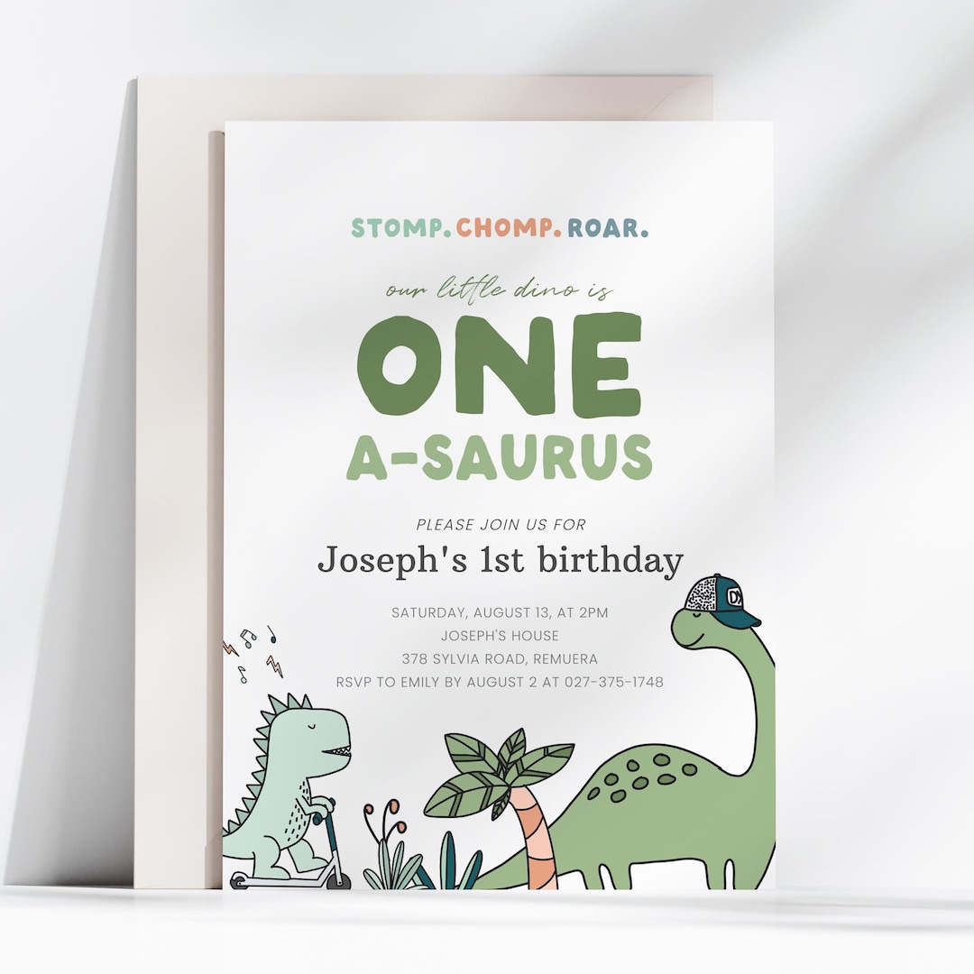 One-a-saurus Birthday Invitation, Dinosaur First Birthday Invite, Boy ...