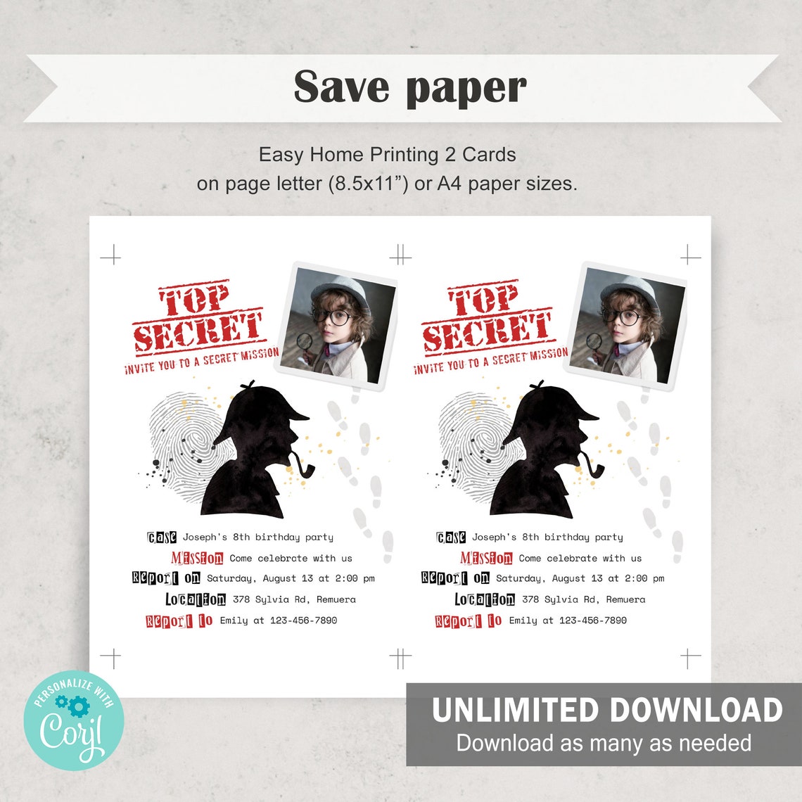 Editable Spy Birthday Photo Invitation, Modern Secret Agent Party ...