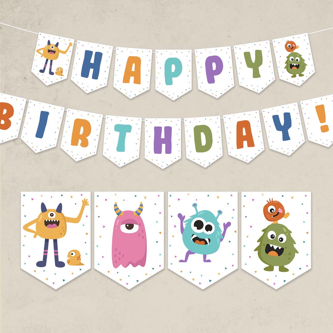 Monster Happy Birthday Banner, Little Monster Party Bunting Banner, Boy ...