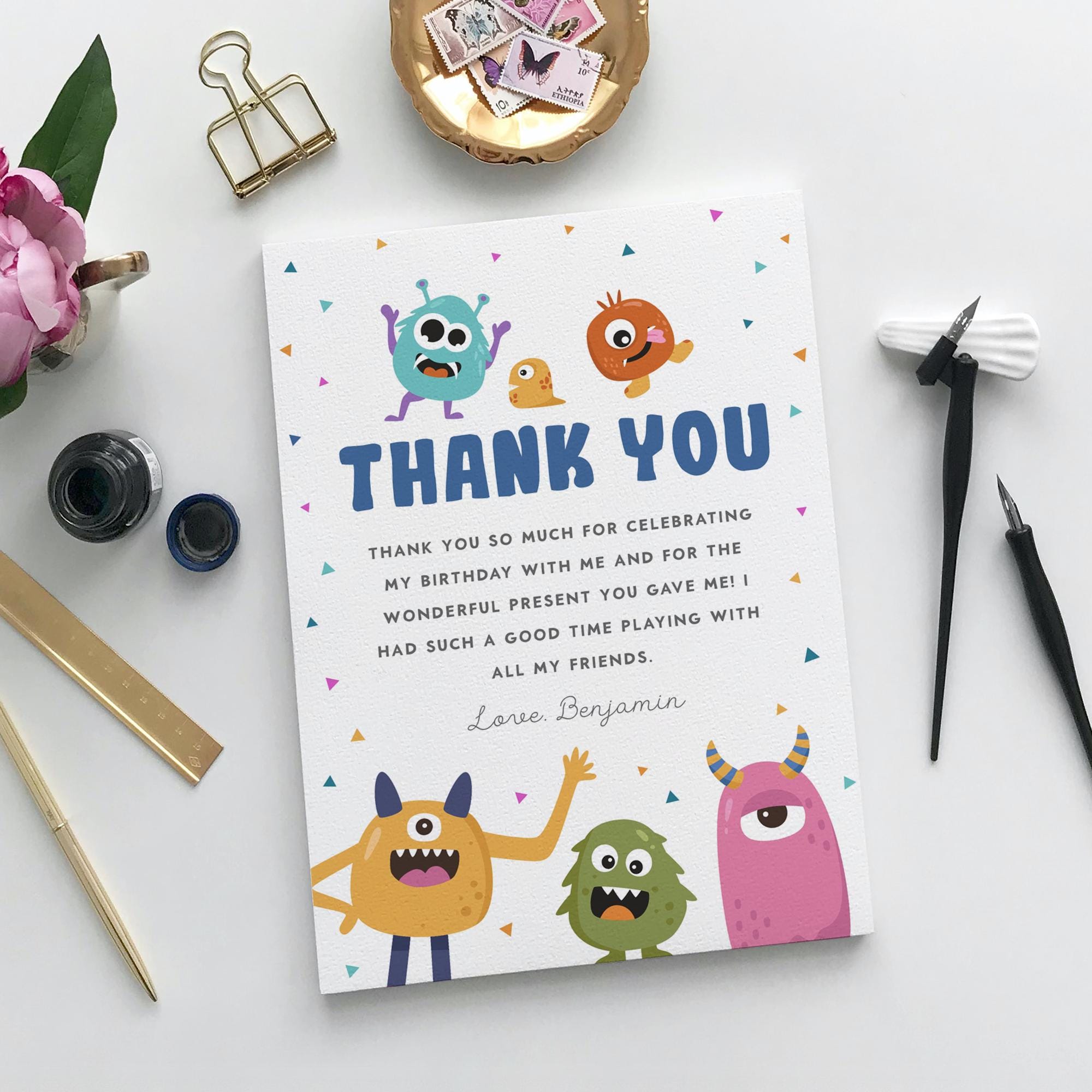 Monster Birthday Thank You Card, Little Monster Party Thank You Note ...