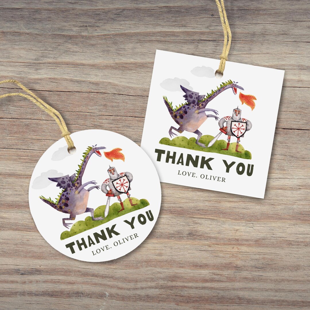 Dragon Birthday Favor Tags, Dragon and Knight Party Gift Tags, Boy ...