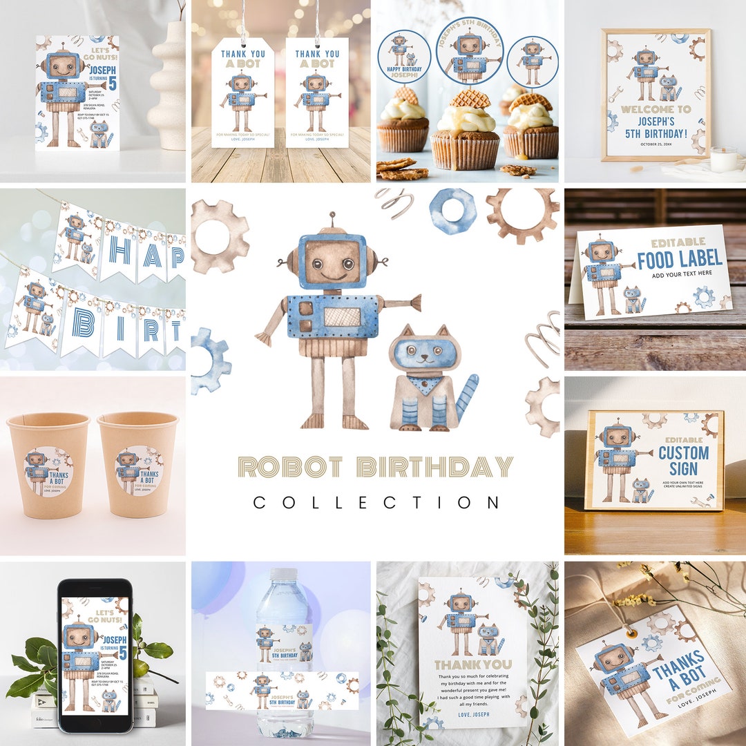 EDITABLE Robot Birthday Bundle, Robot Birthday Collection, Kids ...