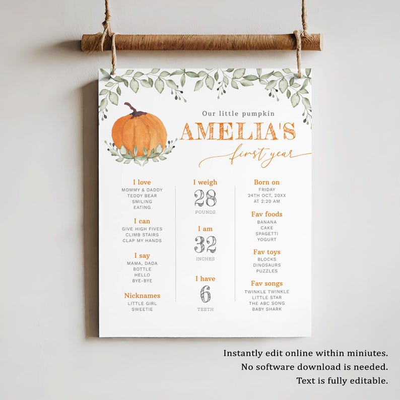 Editable Pumpkin Milestone Sign, Minimalist Fall Birthday Milestone ...