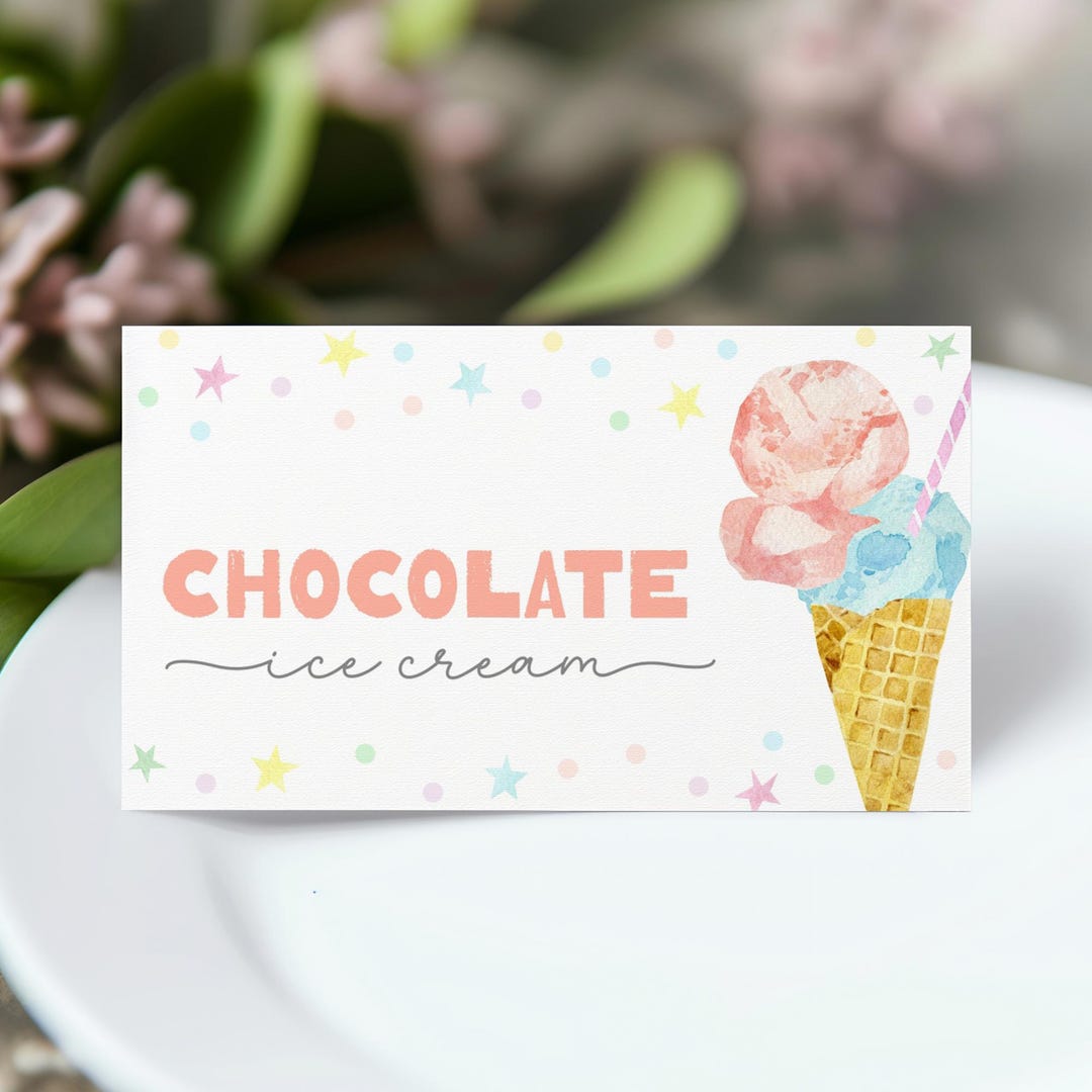 Ice Cream Birthday Food Label, Ice Cream Party Folded Place Card, Girl ...