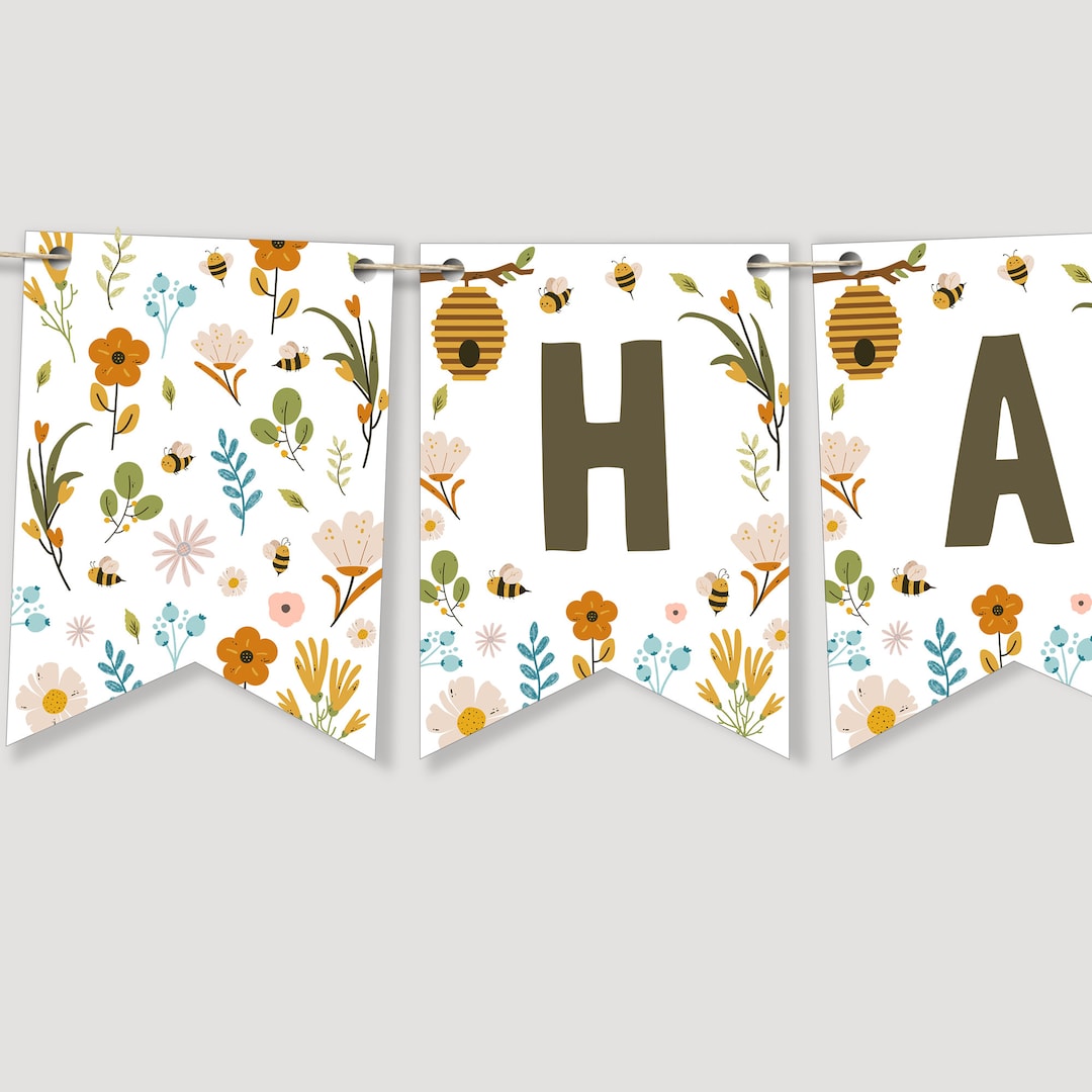 Bee Happy Birthday Banner, Boho Floral Bunting Banner, Girl Birthday ...