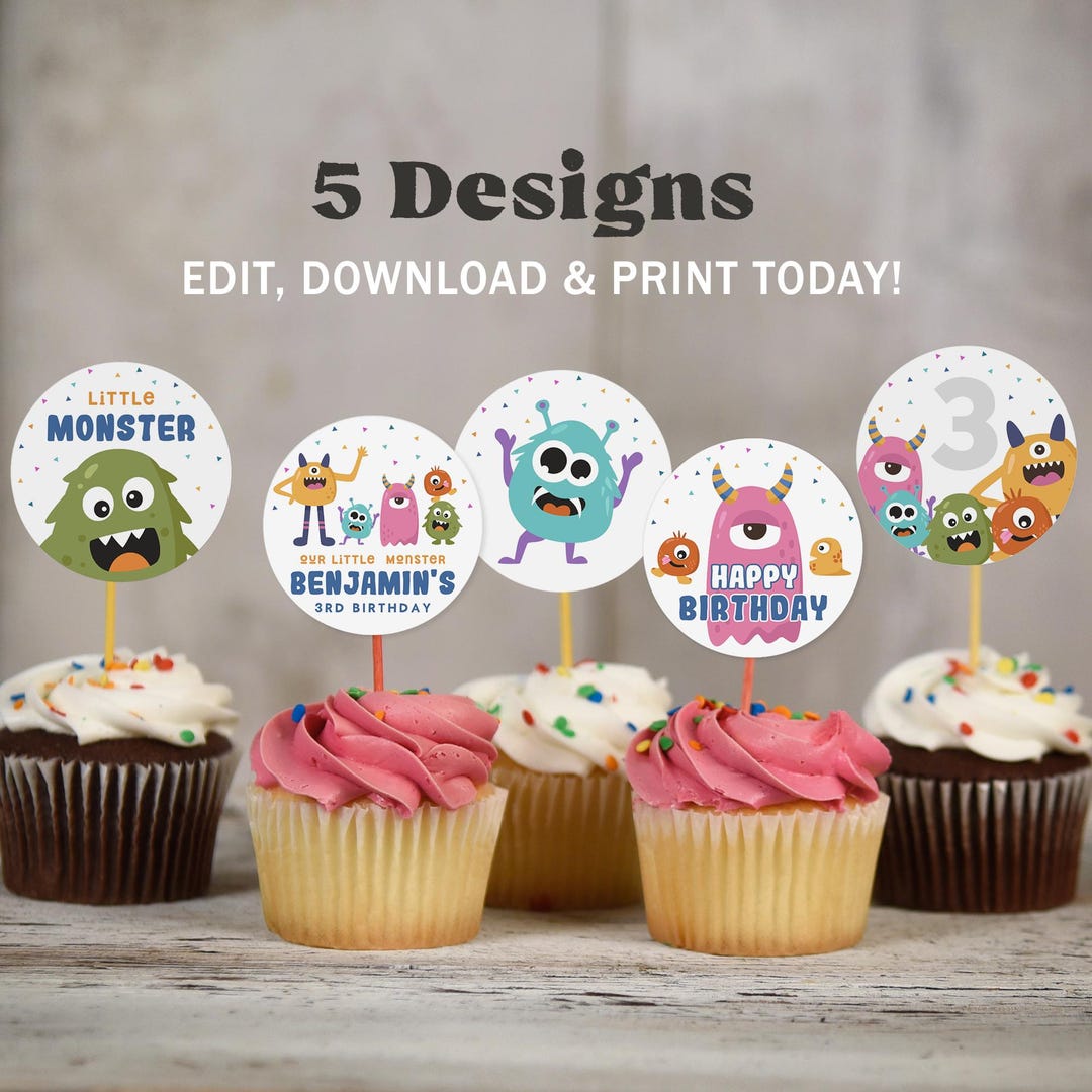Monster Birthday Cupcake Toppers, Monster Birthday Stickers, Boy ...