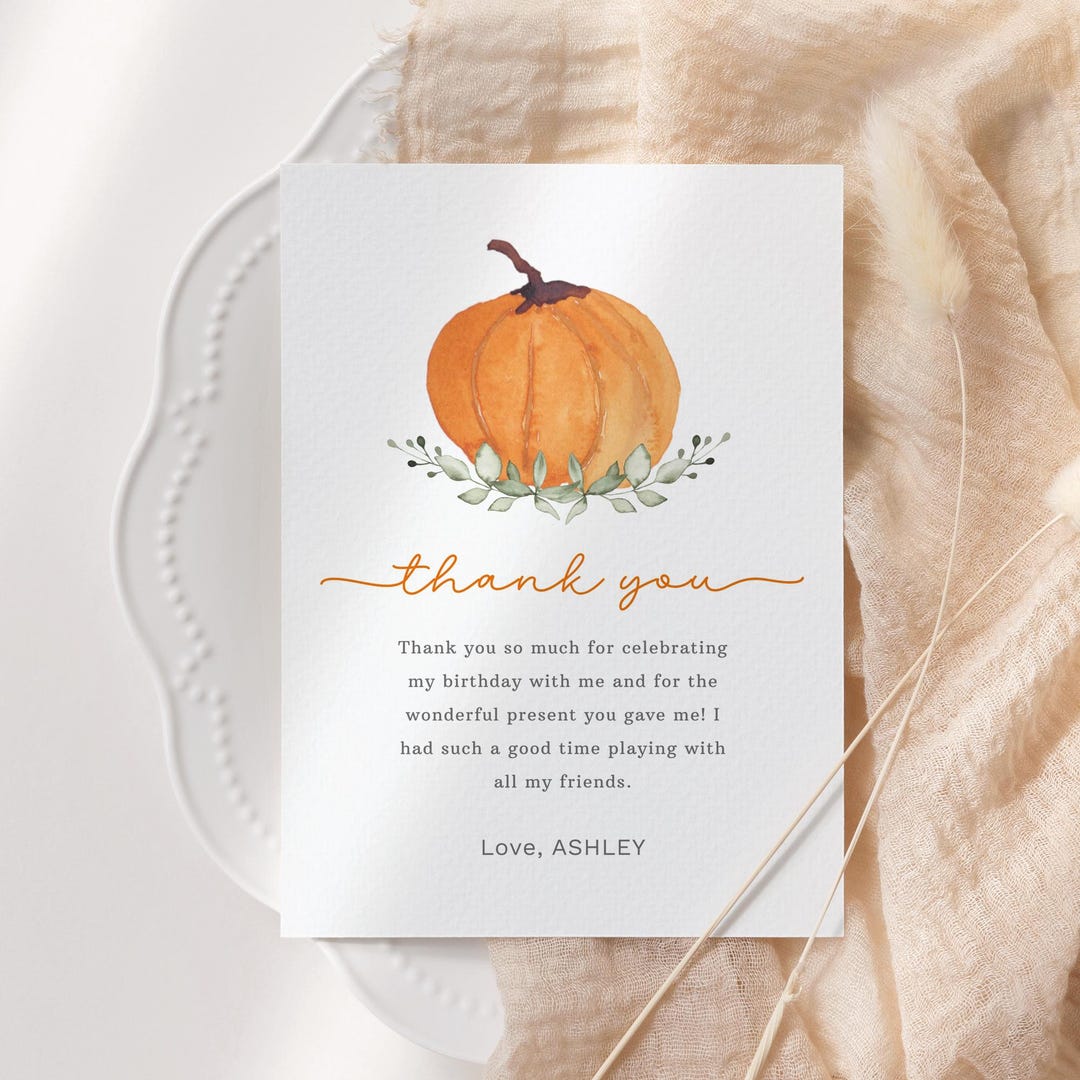 Pumpkin Birthday Thank You Card, Autumn Birthday Thank You Note, Our ...