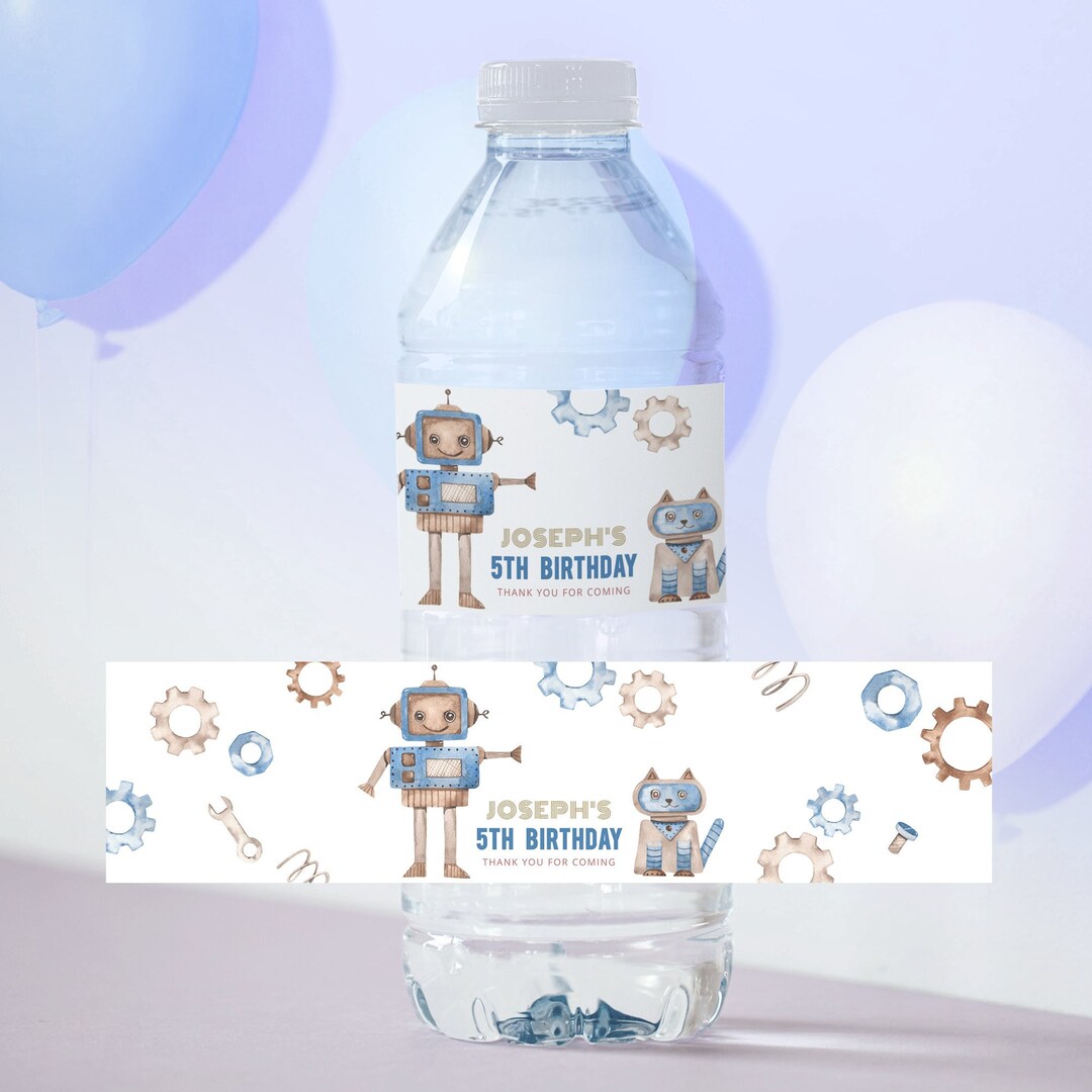 Editable Robot Water Bottle Labels, Robot Party Drink Labels, Kids ...