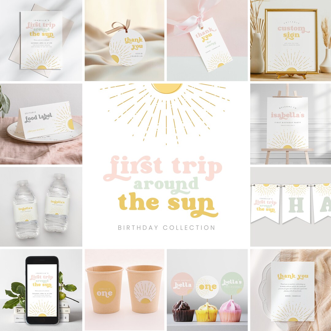 Editable Boho Sunshine Birthday Bundle, First Trip Around the Sun, Girl ...