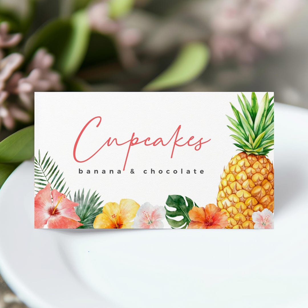 Tropical Summer Party Food Label, Hawaiian Party Folded Place Card ...